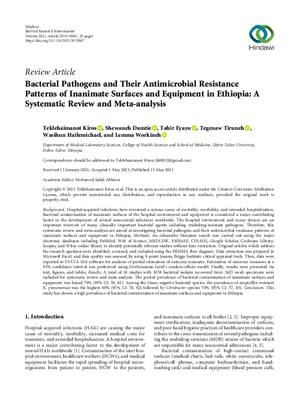 (PDF) Bacterial Pathogens and Their Antimicrobial Resistance Patterns of Inanimate Surfaces and ...