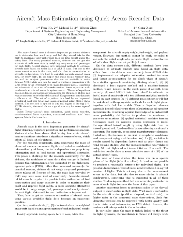 (PDF) Aircraft Mass Estimation using Quick Access Recorder Data