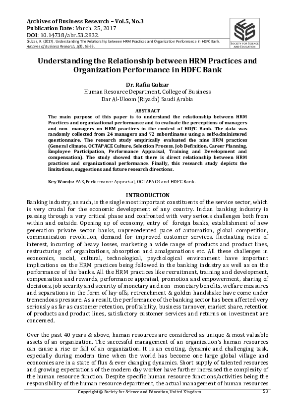 Pdf Understanding The Relationship Between Hrm Practices And Organization Performance In Hdfc Bank