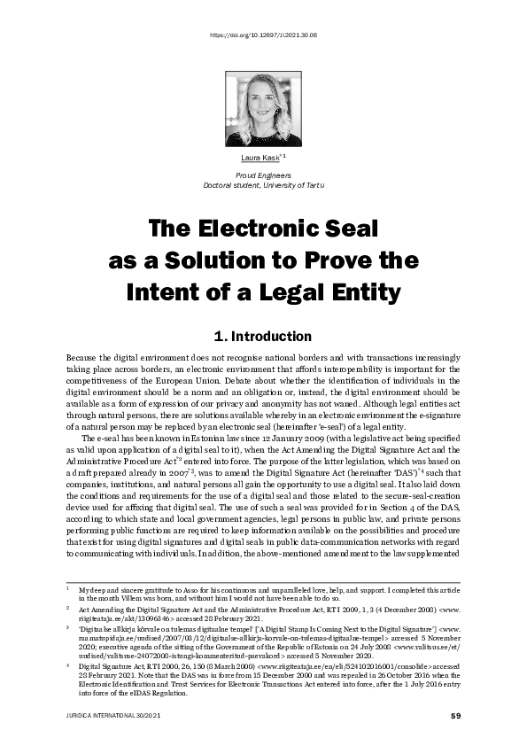 (PDF) The Electronic Seal as a Solution to Prove the Intent of a Legal ...