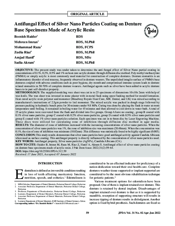 (PDF) Antifungal Effect of Silver Nano Particles Coating on Denture ...
