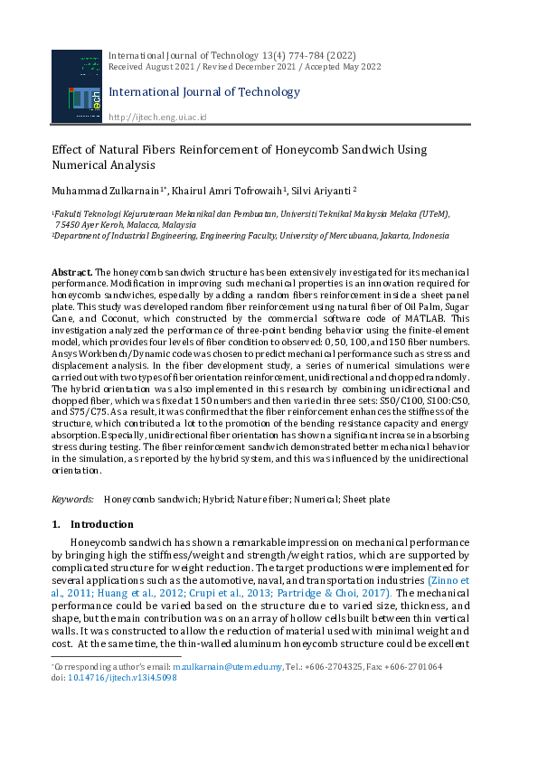 Pdf Effect Of Natural Fibers Reinforcement Of Honeycomb Sandwich Using Numerical Analysis
