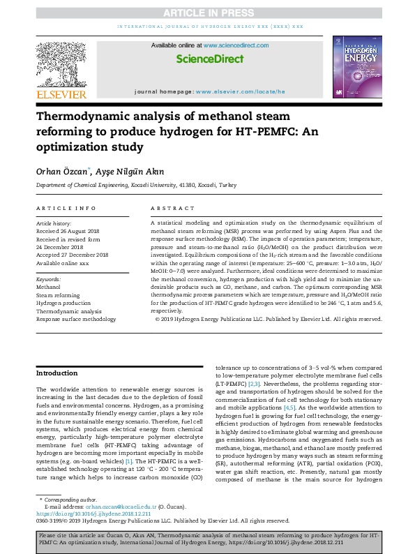 Pdf Thermodynamic Analysis Of Methanol Steam Reforming To Produce Hydrogen For Ht Pemfc An