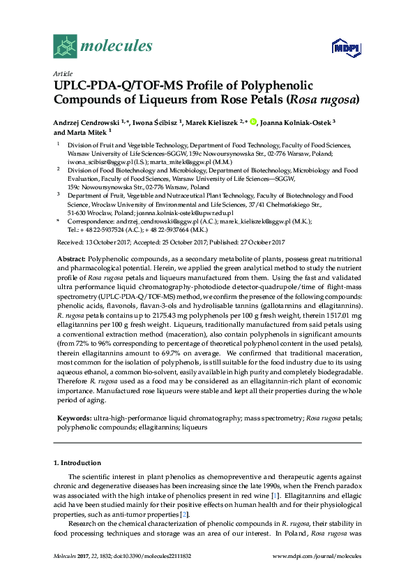 (PDF) UPLC-PDA-Q/TOF-MS Profile of Polyphenolic Compounds of Liqueurs from Rose Petals (Rosa rugosa)