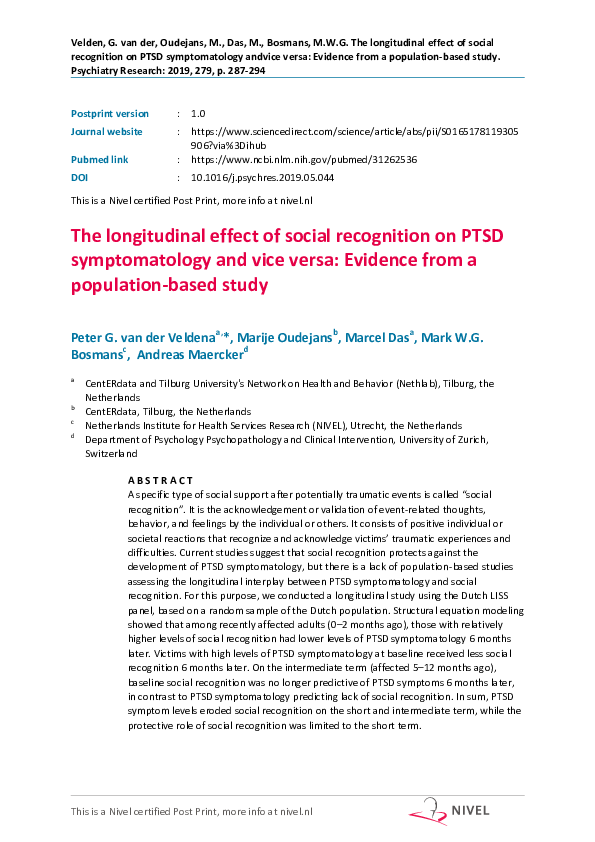 (PDF) The longitudinal effect of social recognition on PTSD ...
