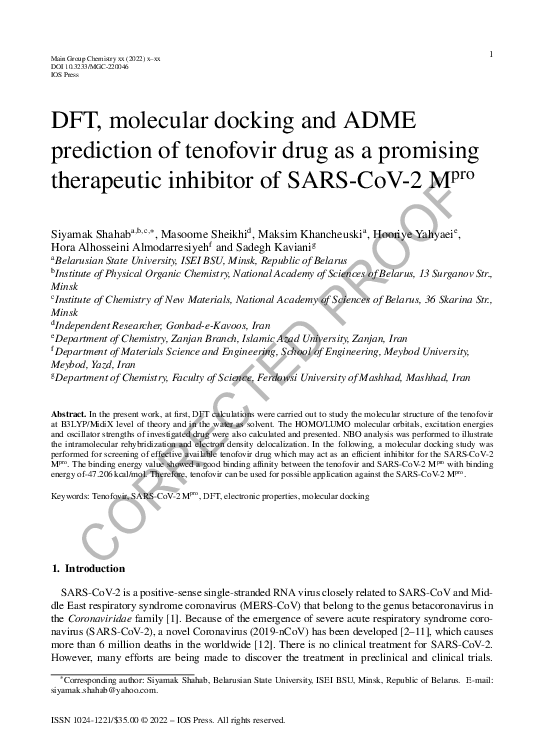 (PDF) DFT, molecular docking and ADME prediction of tenofovir drug as a promising therapeutic ...