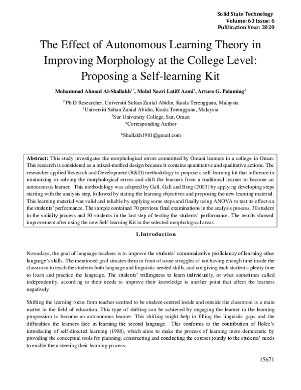 (PDF) The Effect of Autonomous Learning Theory in Improving Morphology at the College Level ...