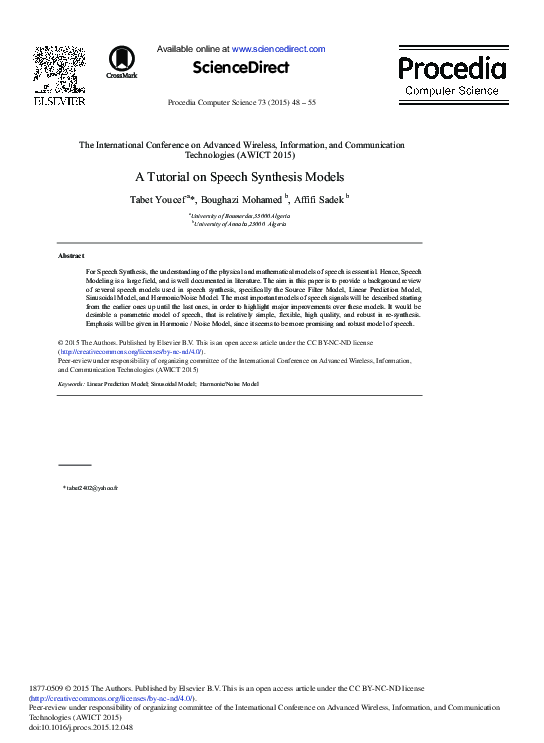(PDF) A Tutorial on Speech Synthesis Models