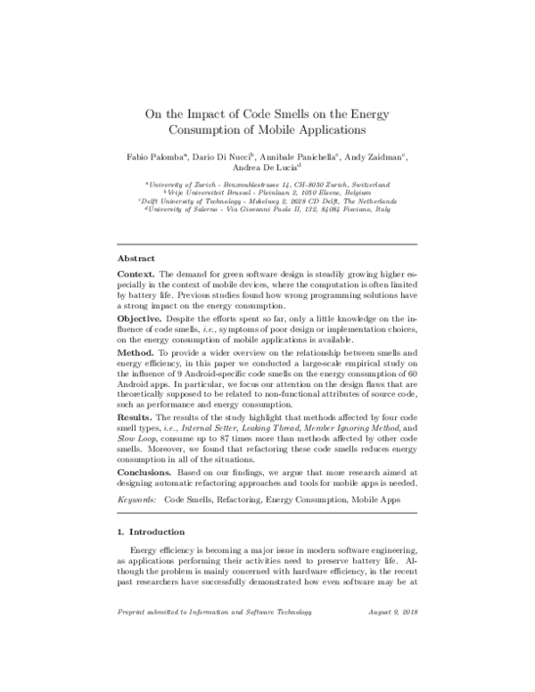 Pdf On The Impact Of Code Smells On The Energy Consumption Of Mobile Applications