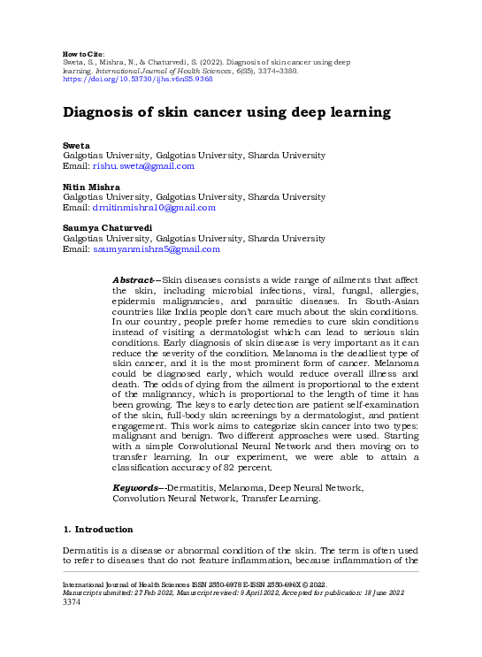 (PDF) Diagnosis of skin cancer using deep learning