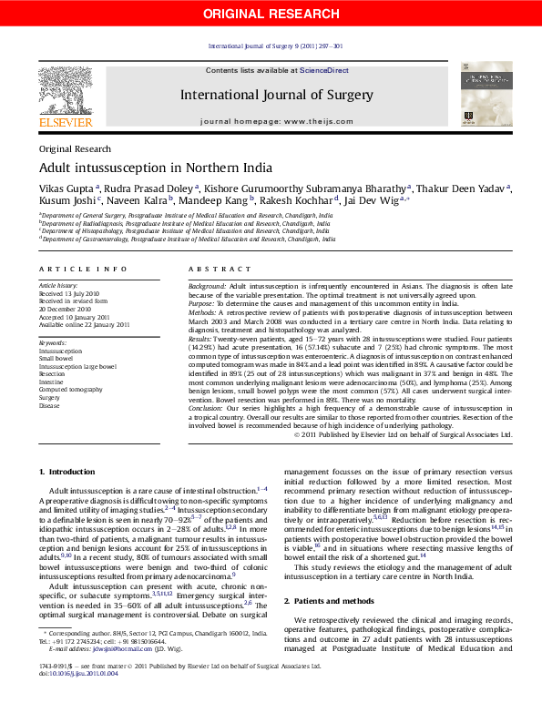 (PDF) Causes and Management of Adult Intussusception