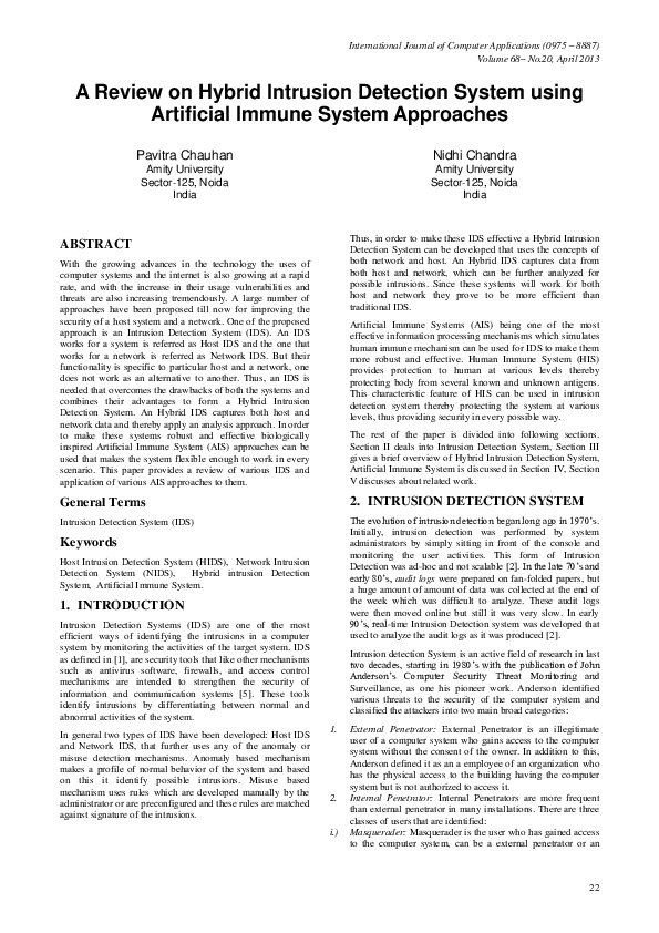 Pdf A Review On Hybrid Intrusion Detection System Using Artificial Immune System Approaches