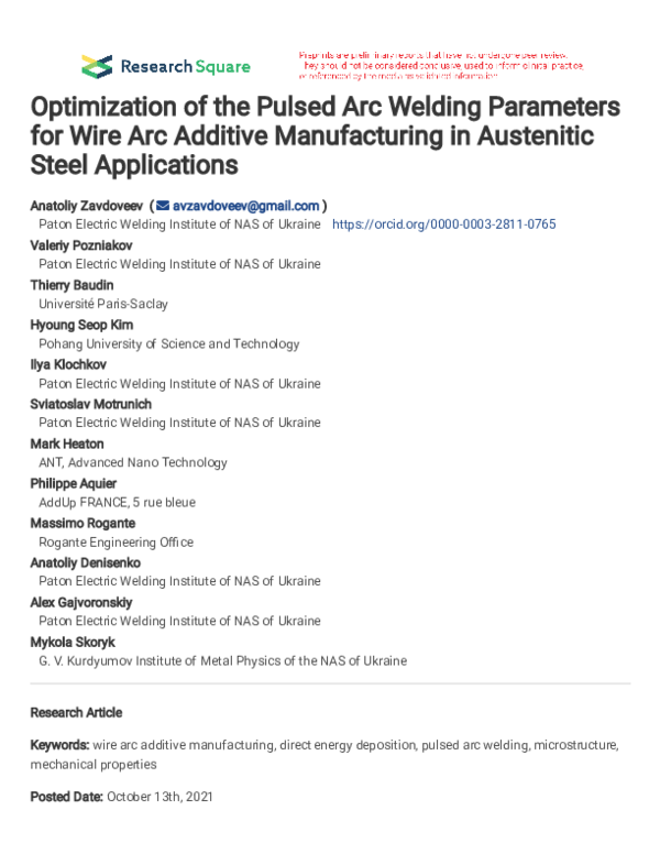 (PDF) Optimization of the Pulsed Arc Welding Parameters for Wire Arc ...