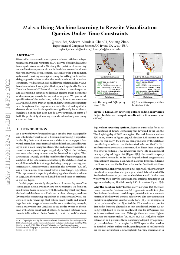 (PDF) Maliva: Using Machine Learning to Rewrite Visualization Queries Under Time Constraints