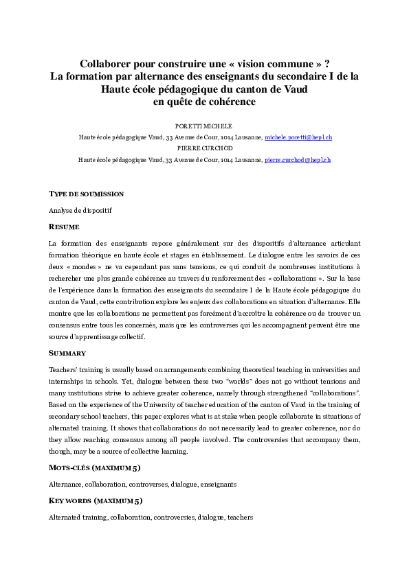 (PDF) Collaborer pour construire une 'vision commune'? La formation par ...