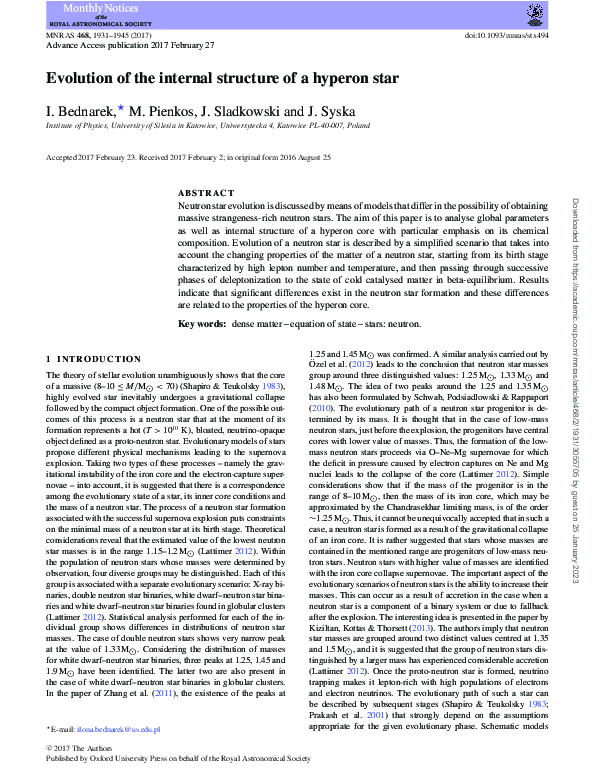 (PDF) Evolution of the internal structure of a hyperon star