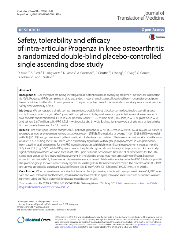 (PDF) Safety, tolerability and efficacy of intra-articular Progenza in ...