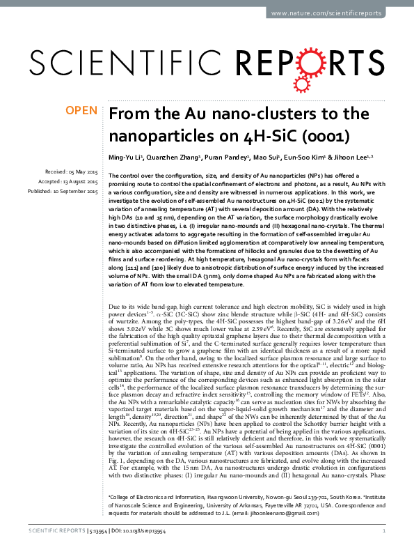 (PDF) From the Au nano-clusters to the nanoparticles on 4H-SiC (0001)