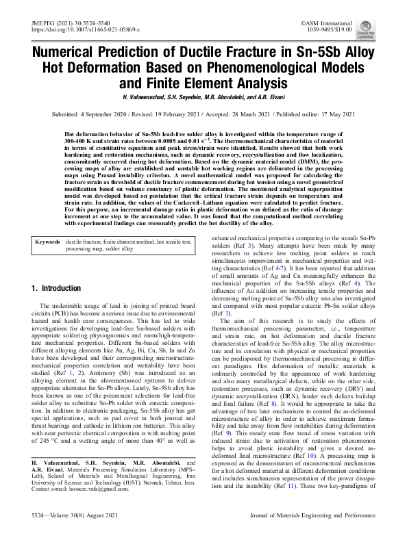 Pdf Numerical Prediction Of Ductile Fracture In Sn 5sb Alloy Hot