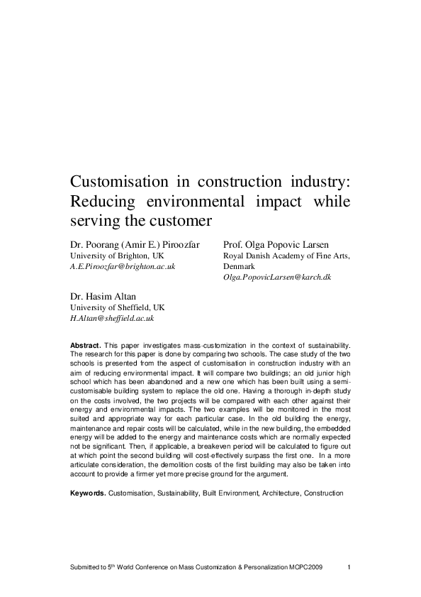 (PDF) Customisation in construction industry: reducing environmental ...