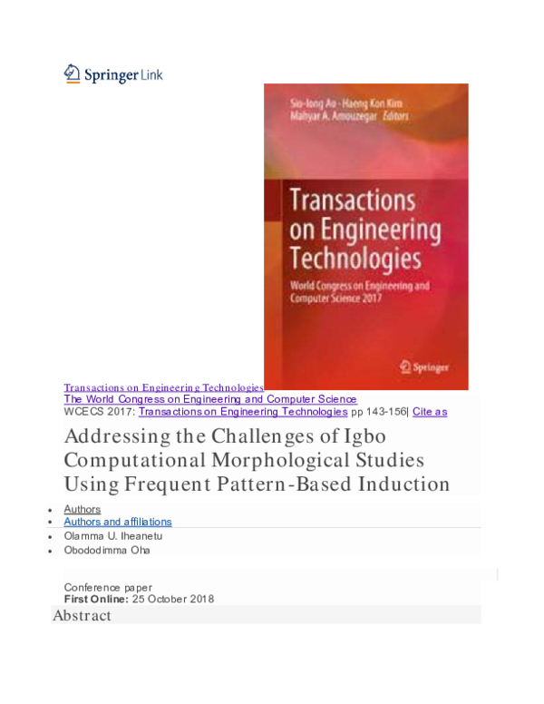 (PDF) Addressing the Challenges of Igbo Computational Morphological Studies Using Frequent ...