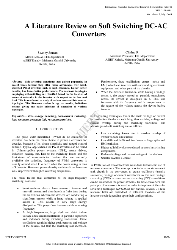 (PDF) A Literature Review on Soft Switching DC-AC Converters