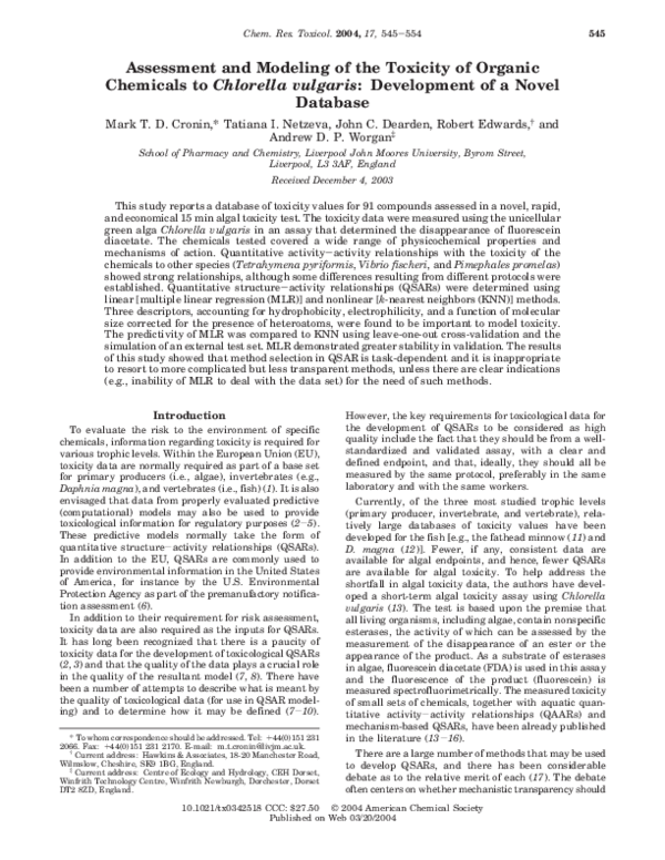 (PDF) Assessment and Modeling of the Toxicity of Organic Chemicals to ...