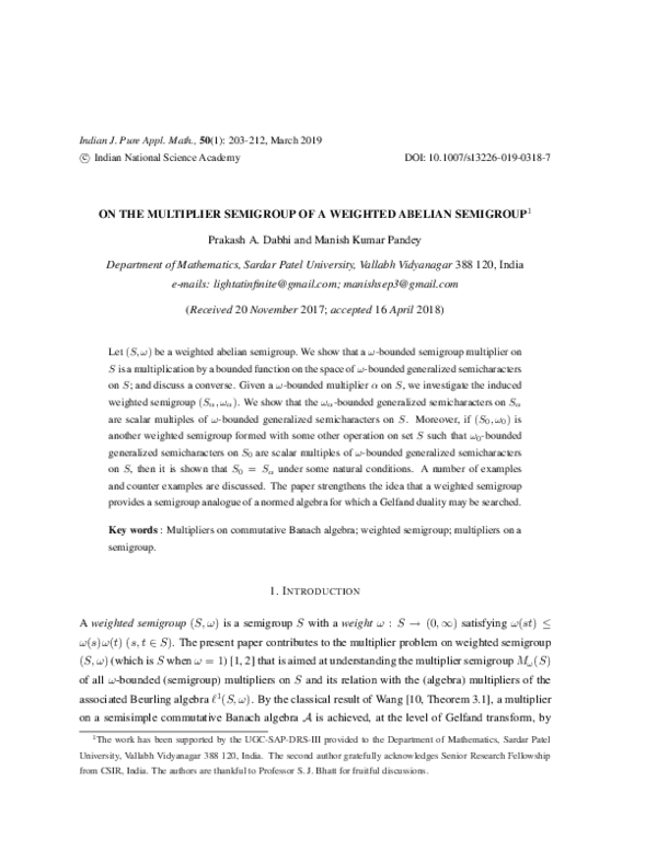 (PDF) On the Multiplier Semigroup of a Weighted Abelian Semigroup