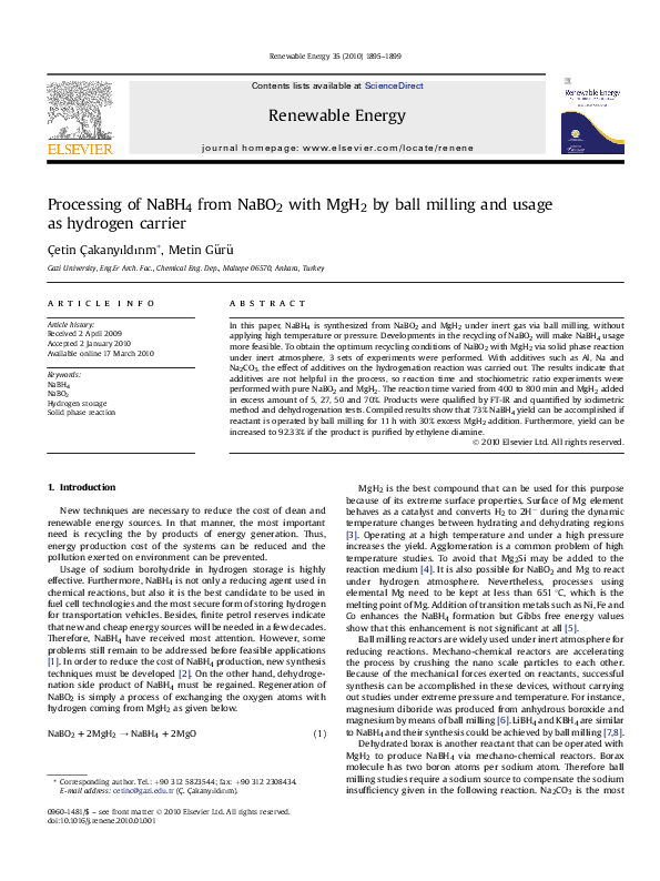 Processing of NaBH4 from NaBO2 with MgH2 by ball milling and usage as ...