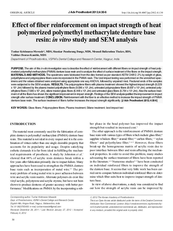 Pdf Effect Of Fiber Reinforcement On Impact Strength Of Heat Polymerized Polymethyl