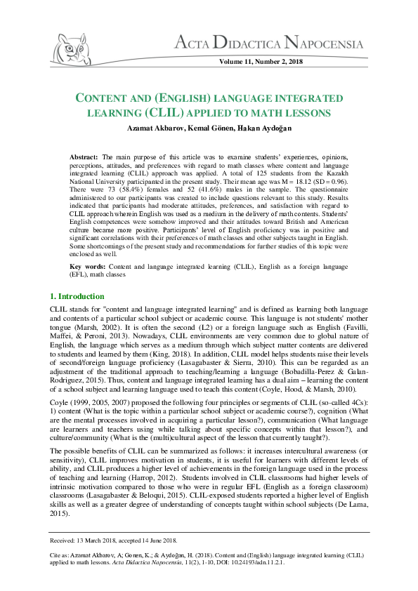 (PDF) Content and (English) language integrated learning (CLIL) applied ...
