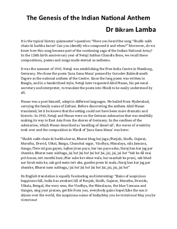 (DOC) The Genesis of the Indian National Anthem
