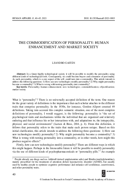 (PDF) The commodification of personality: Human enhancement and market ...