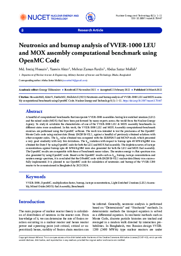 (PDF) ﻿Neutronics and burnup analysis of VVER-1000 LEU and MOX assembly computational benchmark ...