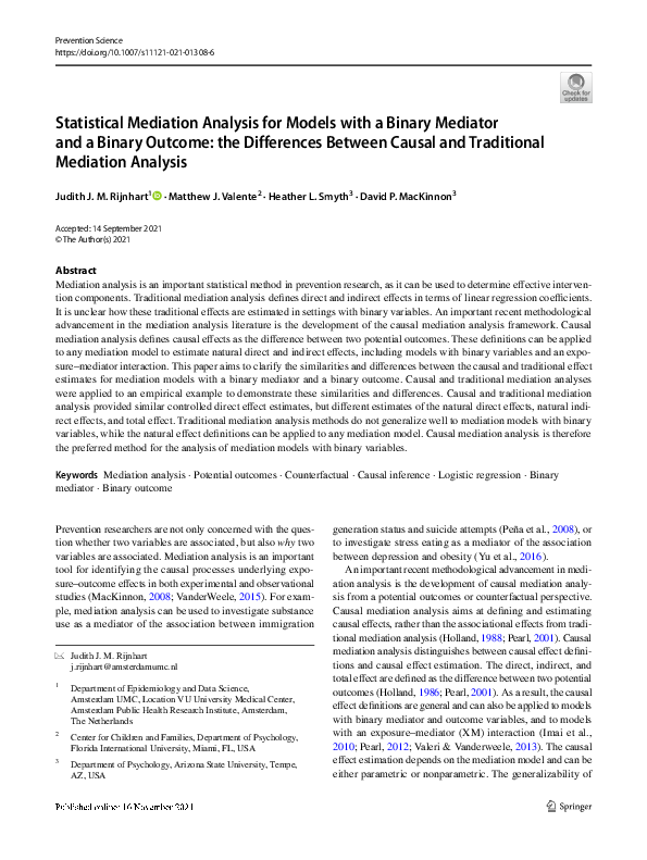 (PDF) Statistical Mediation Analysis for Models with a Binary Mediator and a Binary Outcome: the ...