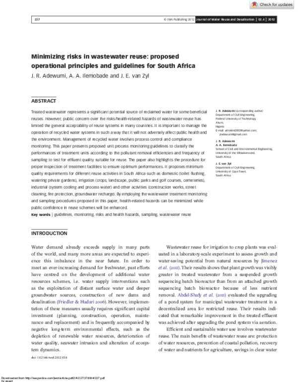 (PDF) Minimizing risks in wastewater reuse: proposed operational ...