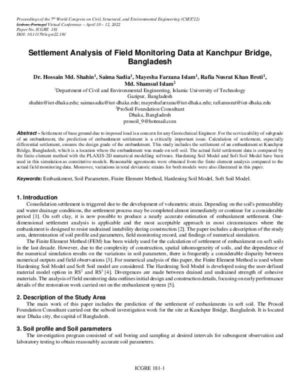 (PDF) Settlement Analysis of Field Monitoring Data at Kanchpur Bridge ...