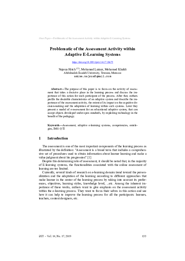 (PDF) Problematic of the Assessment Activity within Adaptive E-Learning Systems