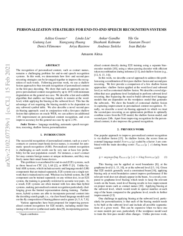 (PDF) Personalization Strategies for End-to-End Speech Recognition Systems