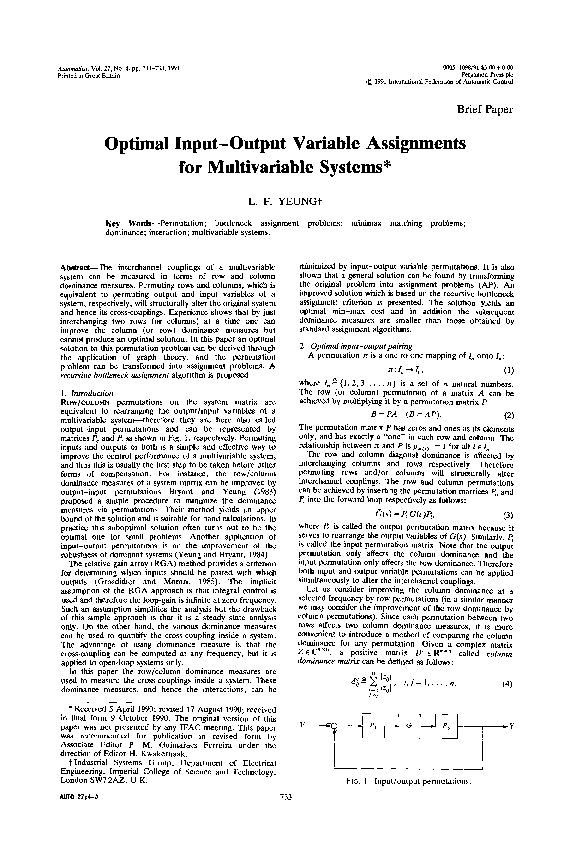 (PDF) Optimal input-output variable assignments for multivariable systems (PDF) Optimal input-output variable assignments for multivariable systems