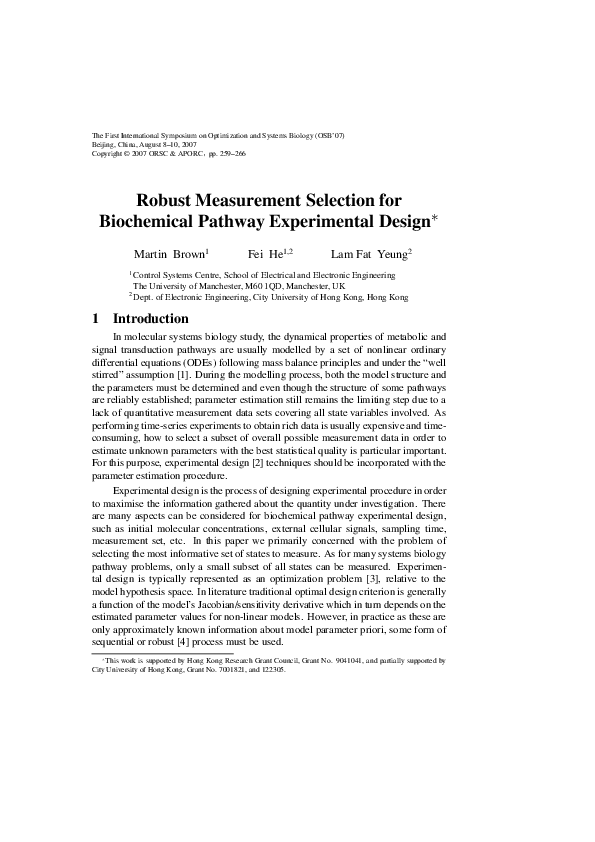 (PDF) Robust measurement selection for biochemical pathway experimental design | Lam Yeung ...