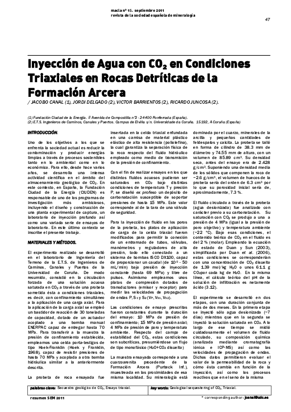 (PDF) Inyección de Agua con CO2 en Condiciones Triaxiales en Rocas Detríticas de la Formación Arcera