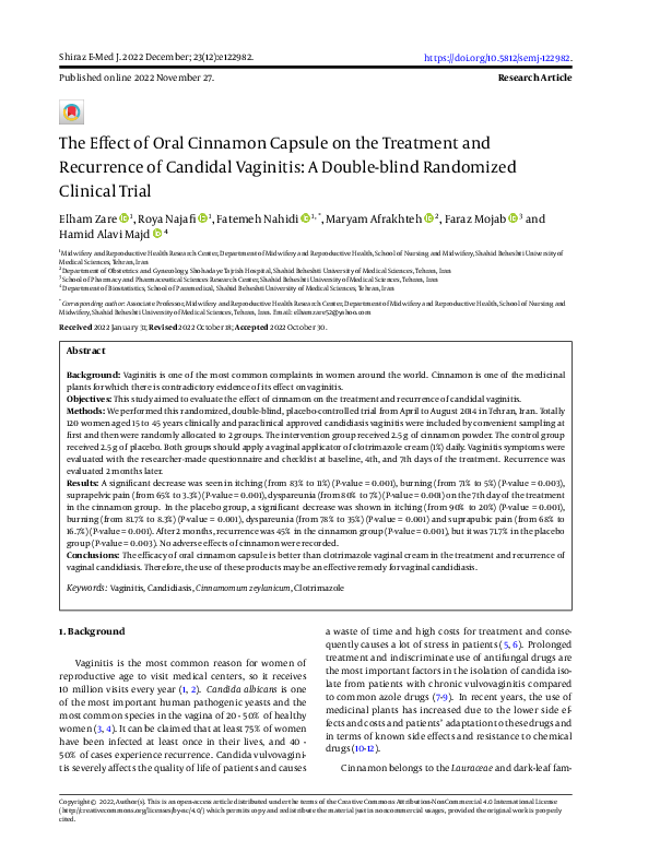 (PDF) The Effect of Oral Cinnamon Capsule on the Treatment and Recurrence of Candidal Vaginitis ...