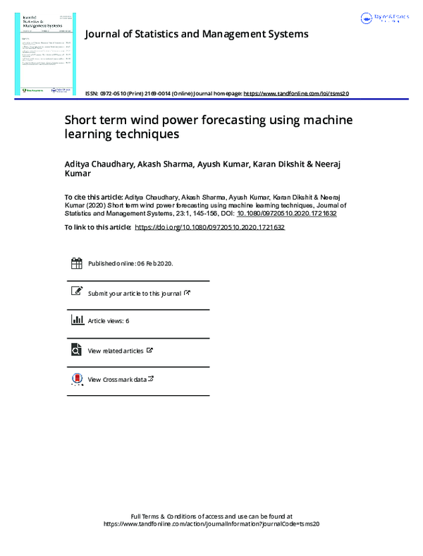 (PDF) Short term wind power forecasting using machine learning techniques