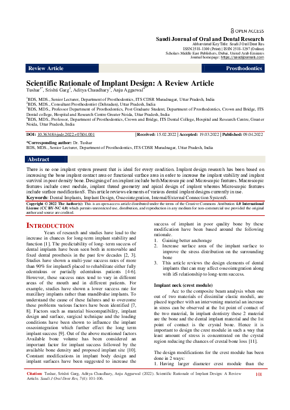 (PDF) Scientific Rationale of Implant Design: A Review Article