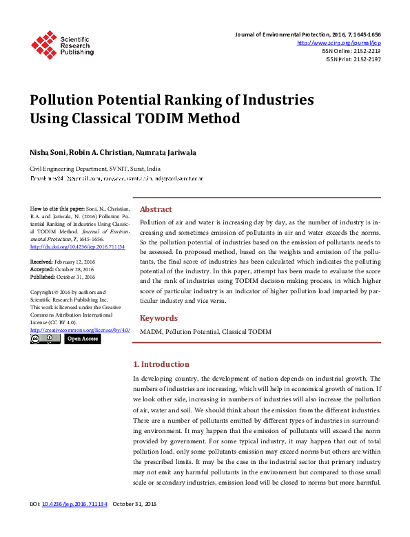 (PDF) Pollution Potential Ranking of Industries Using Classical TODIM ...