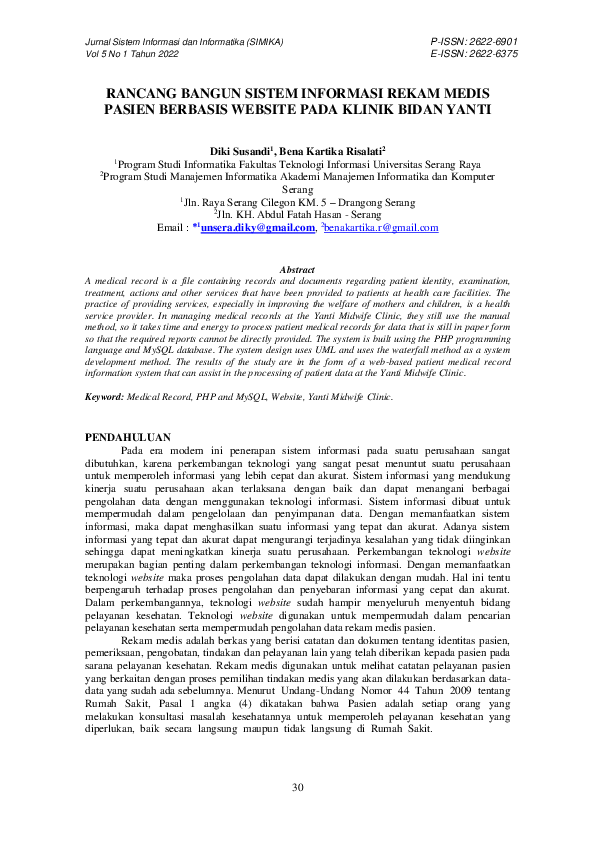 (PDF) Rancang Bangun Sistem Informasi Rekam Medis Pasien Berbasis Website Pada Klinik Bidan Yanti