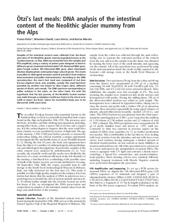 (PDF) Ötzi's last meals: DNA analysis of the intestinal content of the ...
