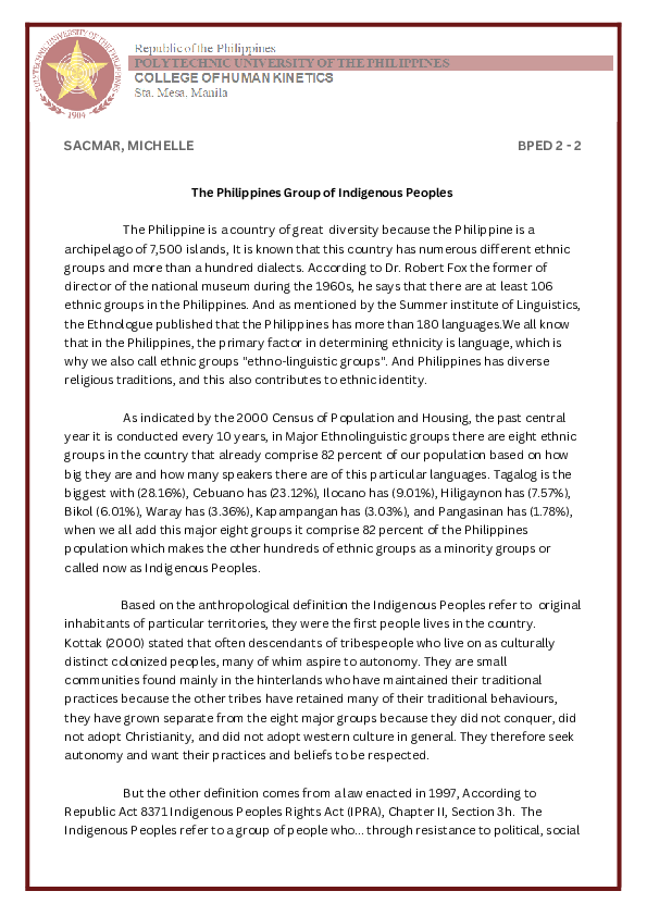 (PDF) SACMAR, MICHELLE BPED 2 -2 The Philippines Group of Indigenous ...