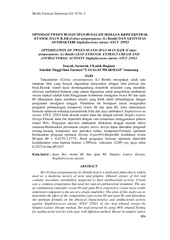 (PDF) OPTIMASI TWEEN 80 DAN SPAN 80 DALAM SEDIAAN KRIM EKSTRAK ETANOL DAUN ILER (Coleus ...